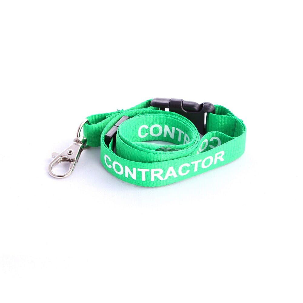 Green 15mm flat polyester “CONTRACTOR” printed lanyard - ID Supplies